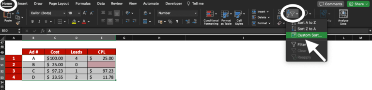Excel Custom Sort Shortcut 2915